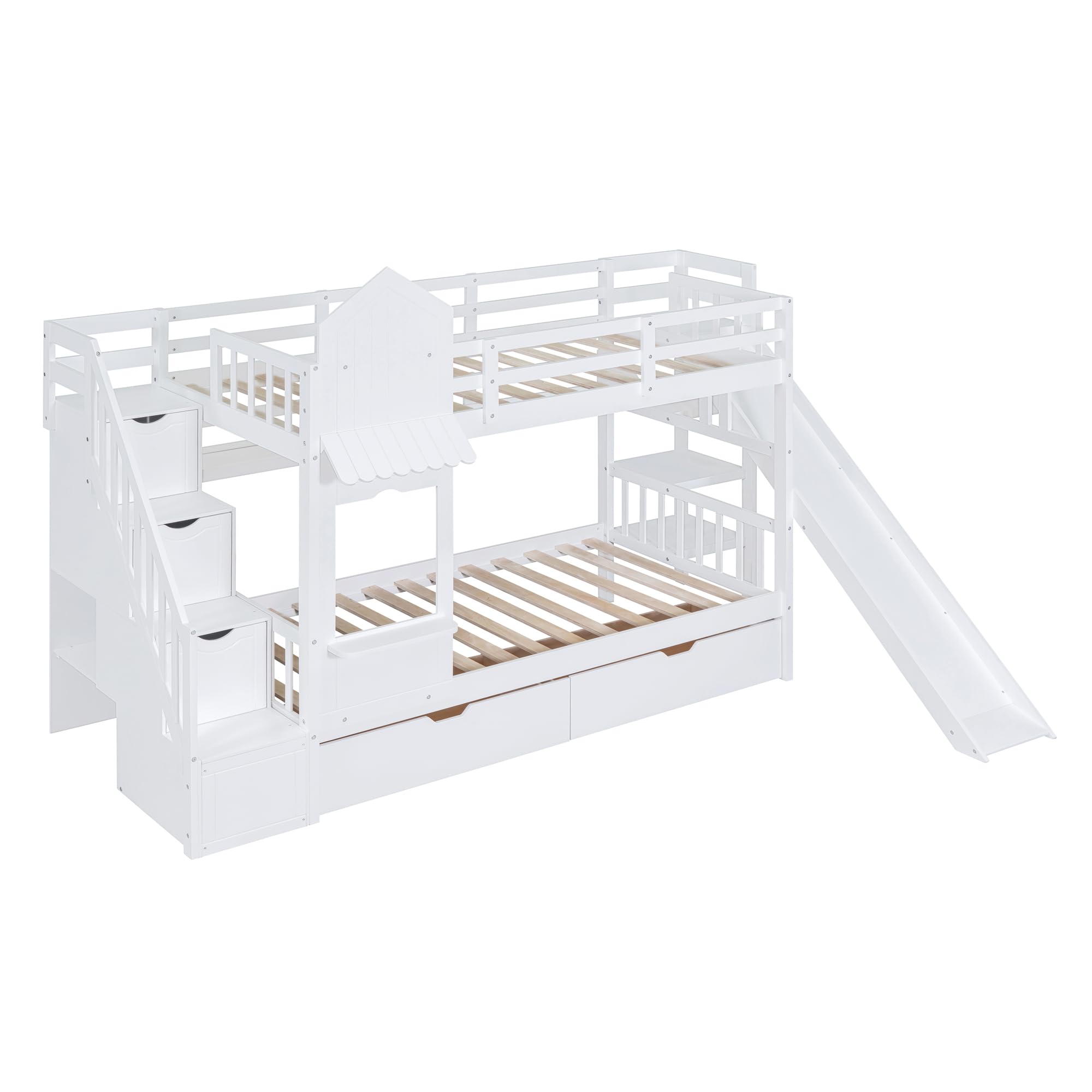 MERITLINE Twin Over Twin Bunk Bed for Kids, Castle Bunk Beds with 2 Drawers 3 Shelves and Slide, Solid Wood Twin Bunk Bed for Kids Girls Boys Teens (White)