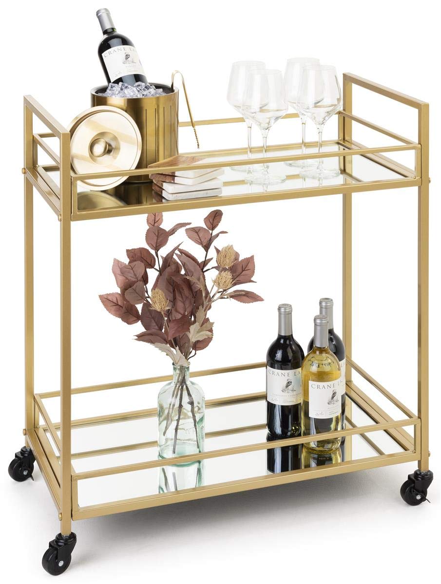 Displays2go Rolling Metal Bar Cart, Mirrored Glass Shelves, Four Swiveling Casters - Gold (FSBEVCART1)