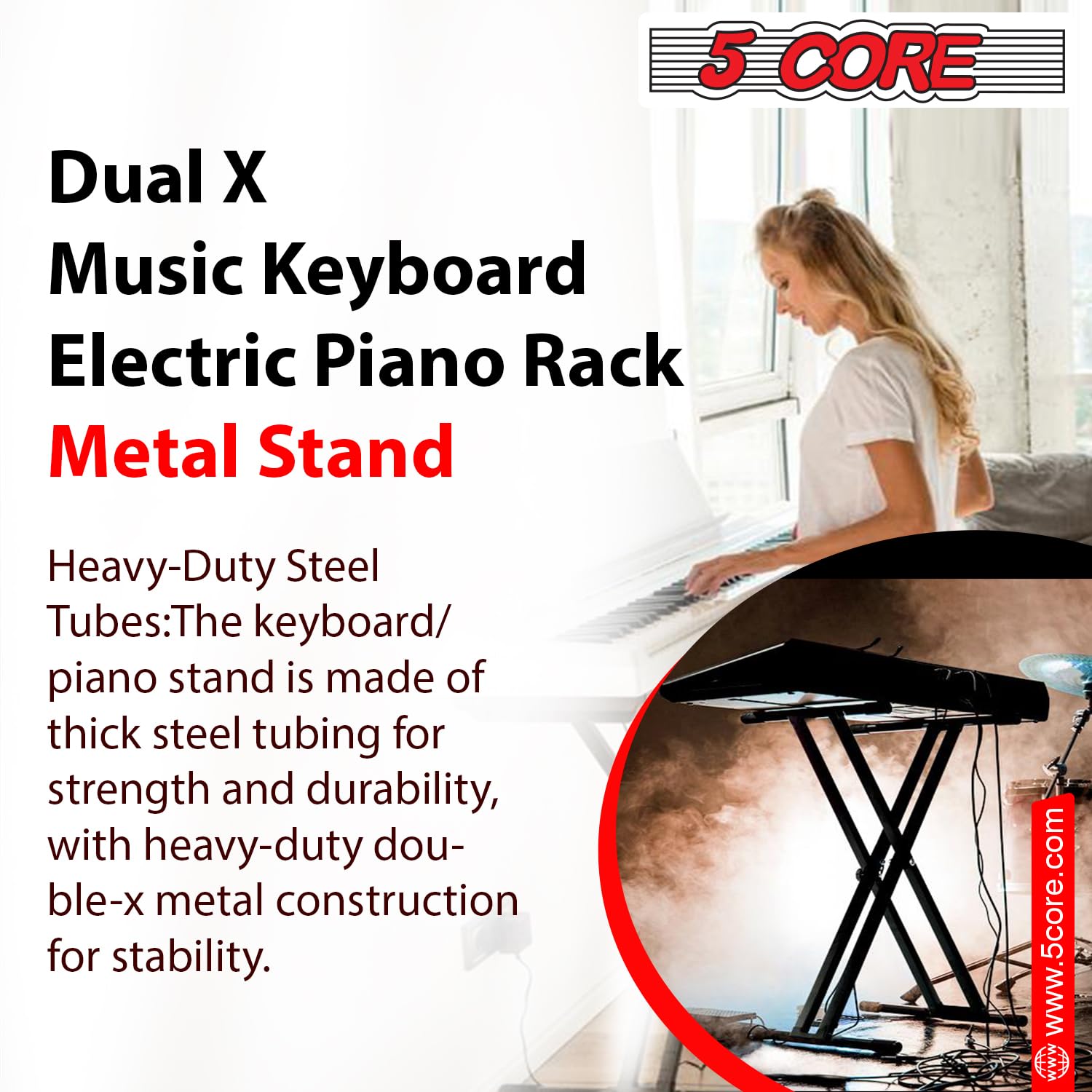 5 CORE Piano Keyboard Stand Double X Heavy Duty 7 Adjustable Heights & Width Digital Electric Synthesizer Music Stands For 61 76 88 Keys w Secure Locking Strap KS 2X BLK