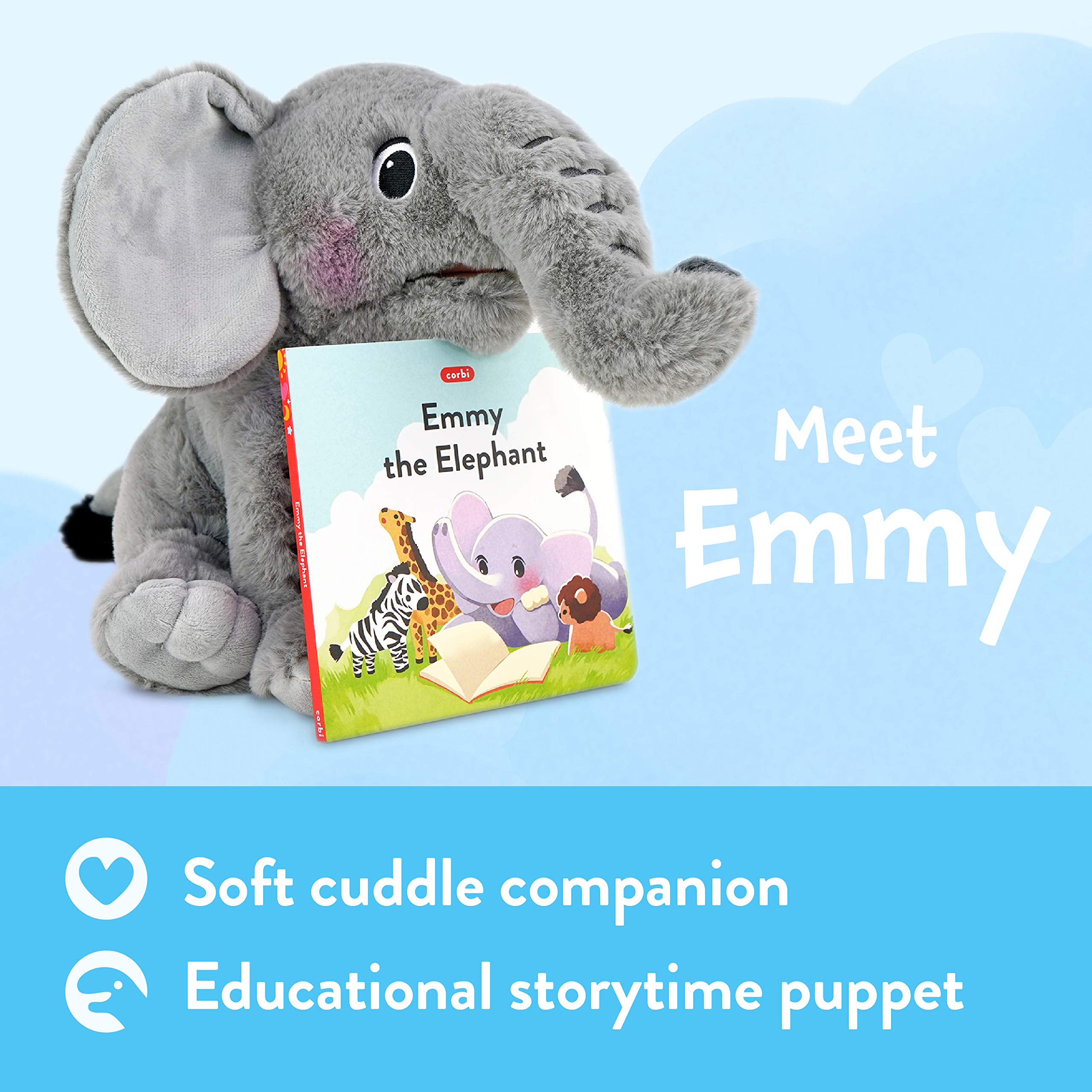 Corbi Emmy The Elephant Plush Toy Hand Puppet with Movable Mouth & Illustrated Board Book - Hand Puppets for Kids & Toddlers Ages 2+