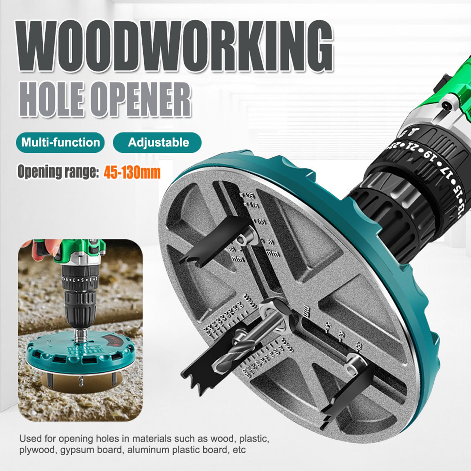 Adjustable Round Hole Saw Tool, Adjustable Punch Saw Tool For Drilling,Adjustable Hole Saw, Adjustable Hole Cutter, Woodworking Tools, Saw Diameter 45-130MM With Bit(Saw+9 Blades)
