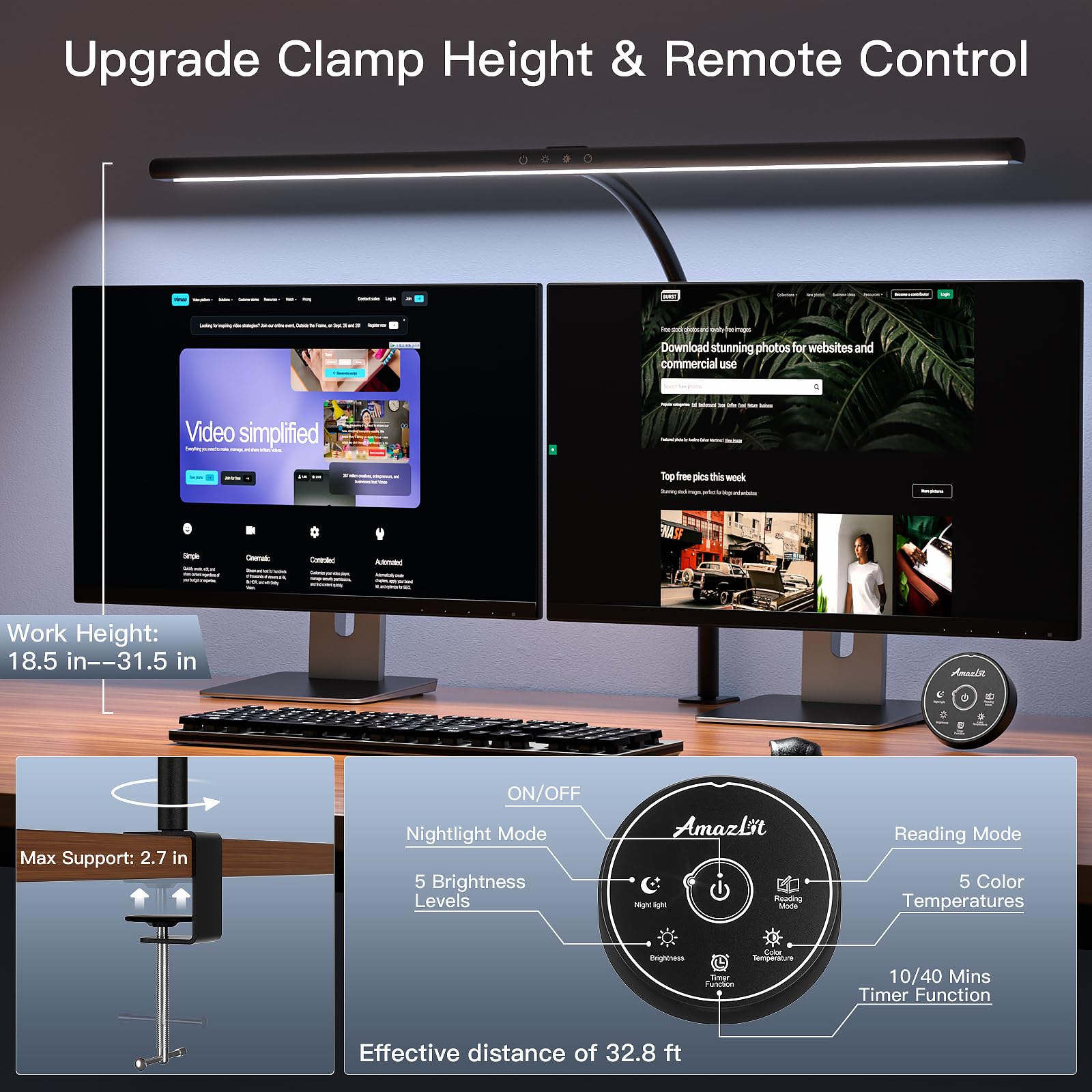 AmazLit Desk Lamp 31.5" W, Desk Lamp for Home Office, Gesture Sensing Desk Light, Monitor Light, Adjustable Color Temperature & Brightness, Table Lamp 24W Brightest, Black