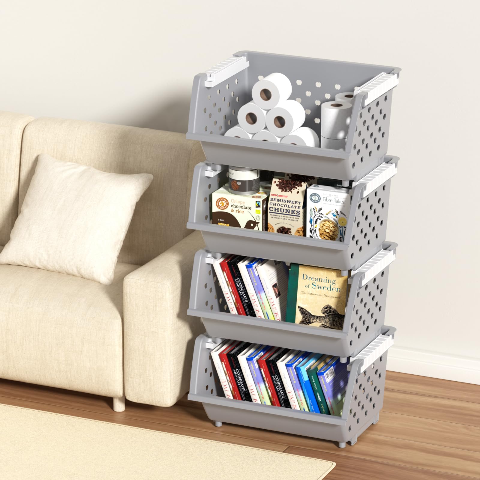 Wakikini Large Plastic Stackable Storage Baskets, Plastic Open Front Stacking Bins, Gray, 4 Packs