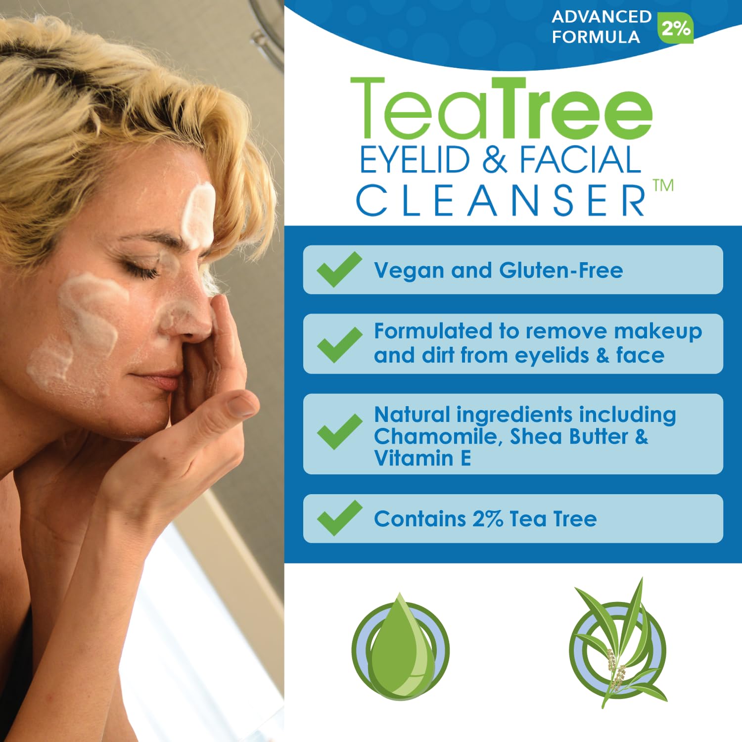 Eye Eco Advanced Tea Tree Eyelid and Facial Cleanser - Non-Irritating Eyelash & Eyelid Cleanser, Removes Debris & Irritations – Soothing Formula Made with Tea Tree, Vitamin E, & Shea Butter - 180mL