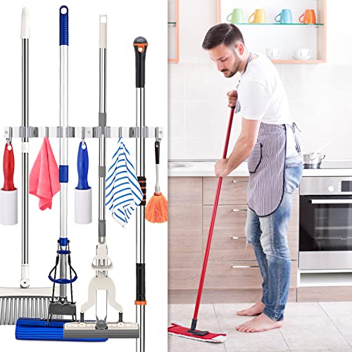 Piyl Broom Holder Wall Mount Garden Tool Organizer,Mop Hanger Wall Mounted Garage Storage,Kitchen,Laundry Utility Rack With 4 Racks and 5 Hooks - Metal Wall Holder For Broom, Rake,Mop Handles Up To 3/4β