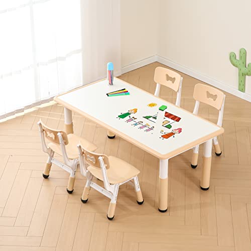 JIAOQIU Kids Art Table and Chair Set with 4 Seats Height Adjustable Children Study Desk Easy to Clean Assemble Max Load 330lb Plastic Toddler Table and Chair Set for School Home Burlywood