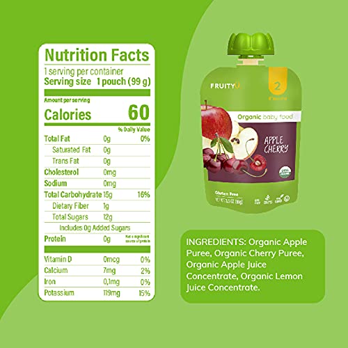 FruityU Organics Baby Food Stage 2 Variety Pack - Banana Blueberry Oatmeal, Apple Mango Spinach, Apple Cherry 3.5 ounce pouch (Pack of 12)
