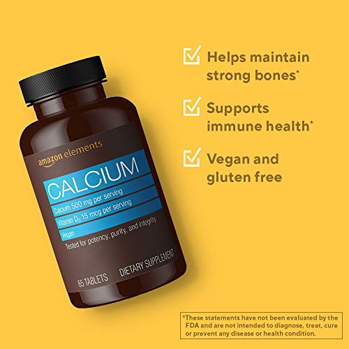 Amazon Elements Calcium plus Vitamin D, Calcium 500mg with D2 600IU, Vegan, 65 Tablets (2 month supply) (Packaging may vary), Supports Strong Bones and Immune Health