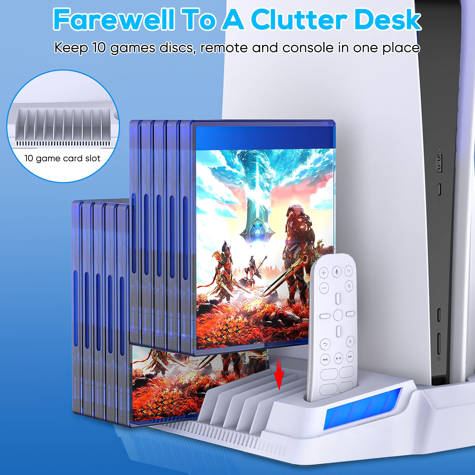 5 in 1 Stand for PS5 with Cooling Fan and Controller Charger, Console Cooling & Dual Charging Station Accessories Vertical Stand with 10 Games/Media Remote Organizer Headset Holder for Playstation 5