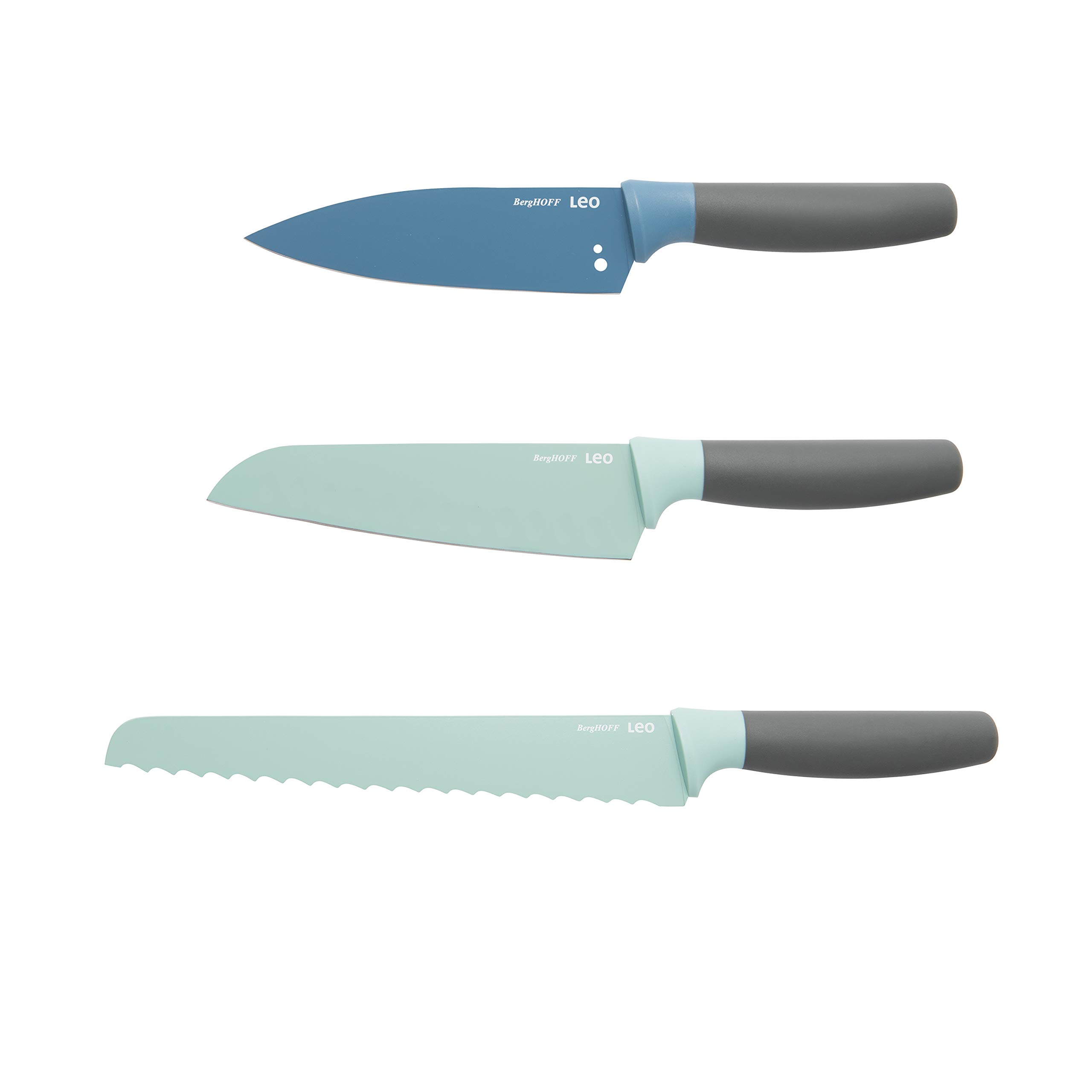 Berghoff LEO Non-stick Stainless Steel Sharp Serrated Blade Set of 3pc Knives PP Fitted Protective Sleeve Built-in Herb Stripper Soft-touch PP Soft Grip Handle