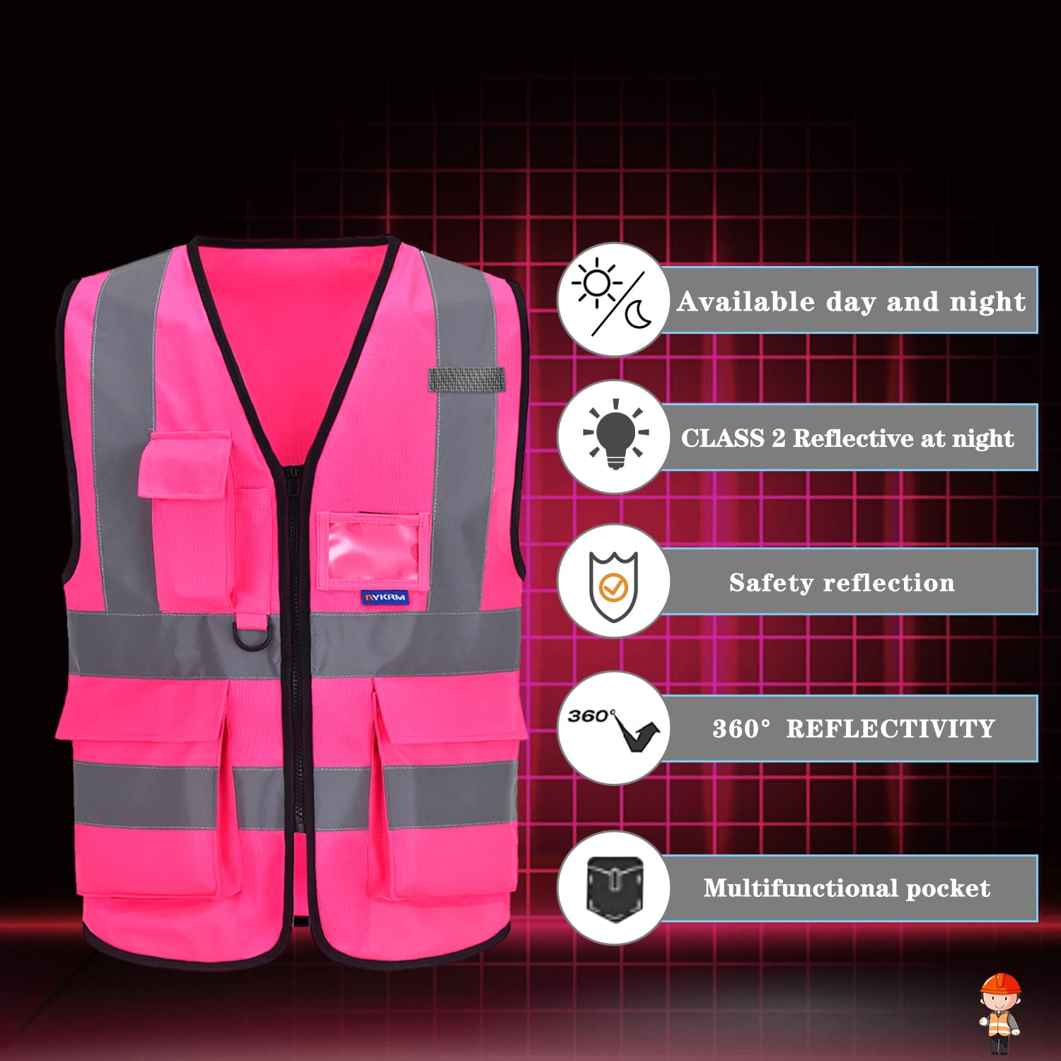 A-SAFETY Pink High Visibility Vest,Reflective Safety Vest Workwear 7 Pockets Hi Vis Durable Vest with Reflective Tapes 4 Lower Pockets,Small