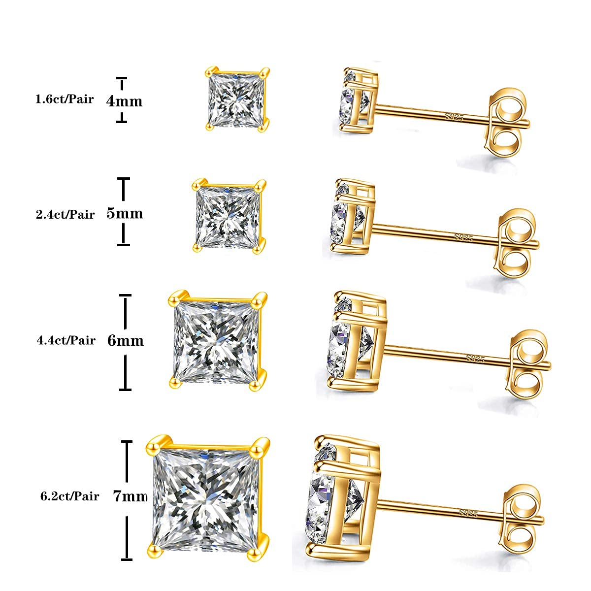 925 Sterling Silver Stud Earrings 4 Prong Princess Cut Square Cubic Zirconia Ear Stud for Women Men Girl CZ 4mm-7mm (Yellow Gold-1.60cttw)