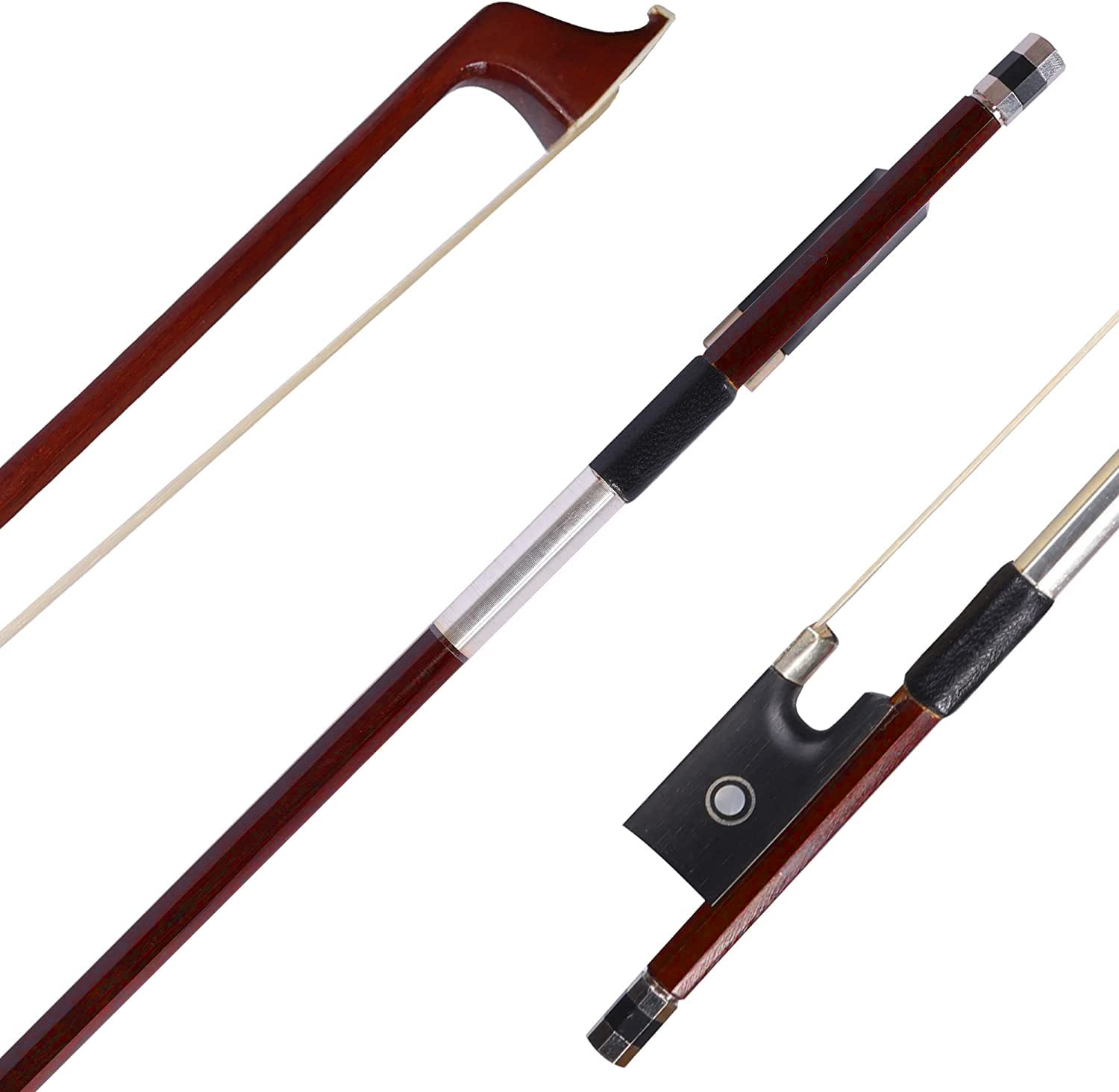ADM 4/4 Full Size Student Violin Bow, Well Balanced Handmade Brazilwood Bow with Horsehair, Ebony Frog with Pearl Eye and Pearl Slide, Brown
