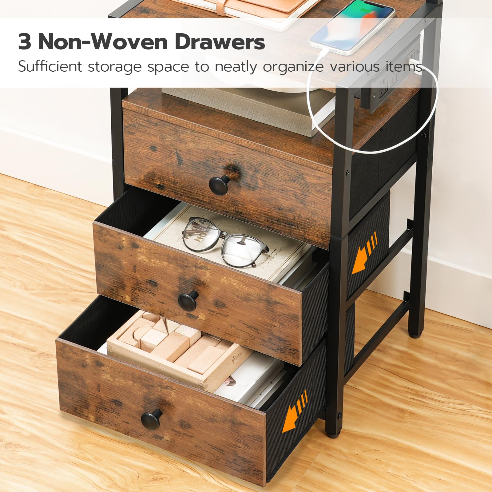 HOOBRO Nightstand with Charging Station, End Table with 3 Drawers and Storage Shelves, Side Table with USB Ports and Outlets, Bedside Table for Bedroom, Rustic Brown and Black BF131UBZ01
