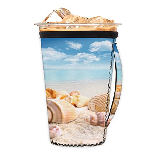 Beach Starfish Seashell Reusable Iced Coffee Cup Sleeve with Handle Neoprene Ice Coffee Cup Sleeve Small 18-20 oz Insulator Drink Holde for Coffee Cups Water Beverages Bottle