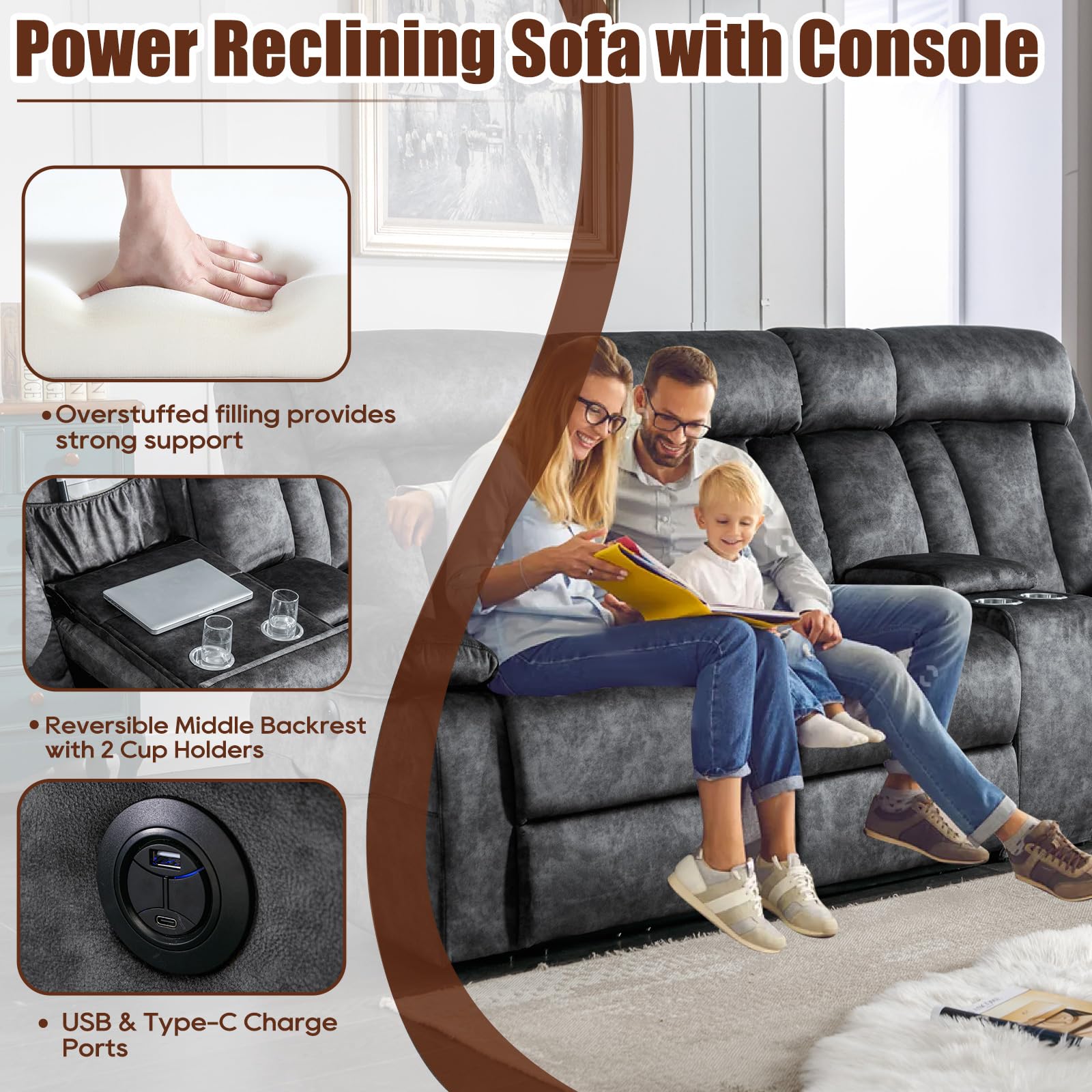 GUEAPY 3 Seater Recliner Sofa Reclining Loveseat with Console Power Reclining Sofa with Heat and Massage, Cup Holders, USB & Type-C Charge Ports for Living Room (Grey)
