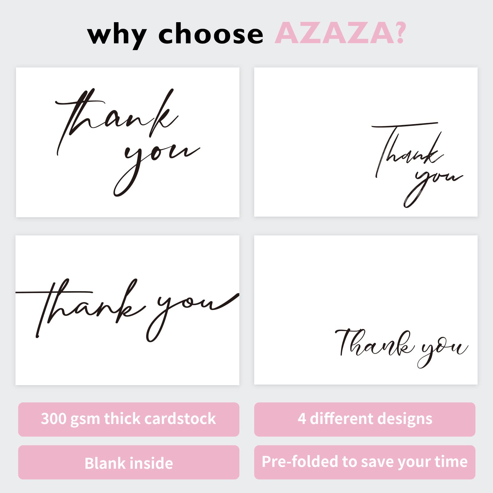 AZAZA Bridal Shower Thank You Cards with Envelopes, 100 Pack, Modern Minimalistic Design, 4x6 Inch, Pink