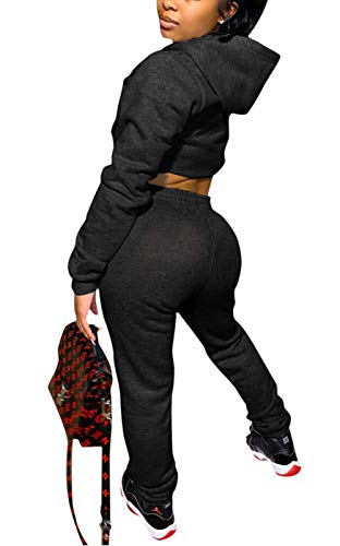 Akmipoem Winter Outfits for Women 2 Piece Tracksuits Long Sleeve Crop Hoodie Sweatshirts Jogging Pants Set Black M