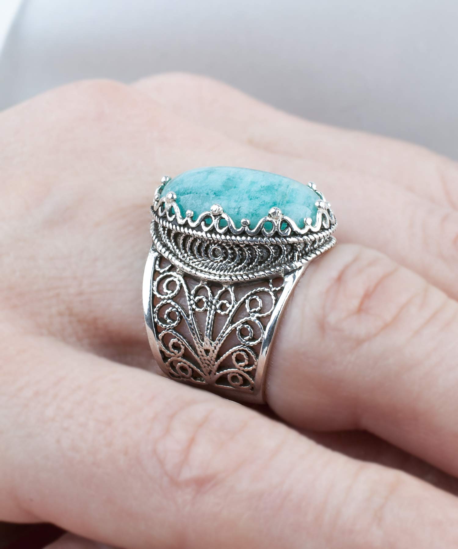 925 Sterling Silver Blue Amazonite Oval Crown Filigree Ring (Size 5-12) (7)