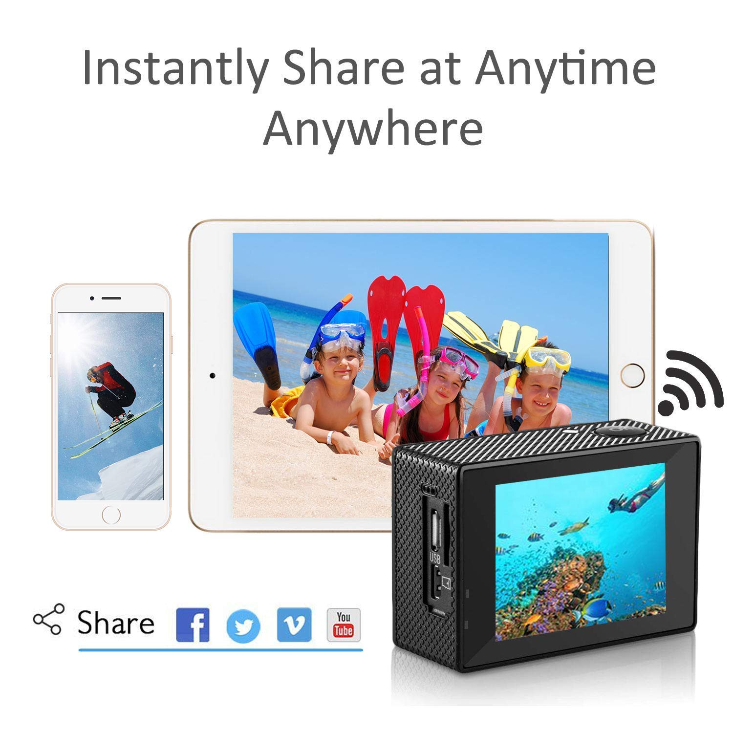Action Camera Davola 1080P WiFi Sports Camera 12MP Underwater Waterproof Camera with Wide-Angle Lens and Mounting Accessory Kits