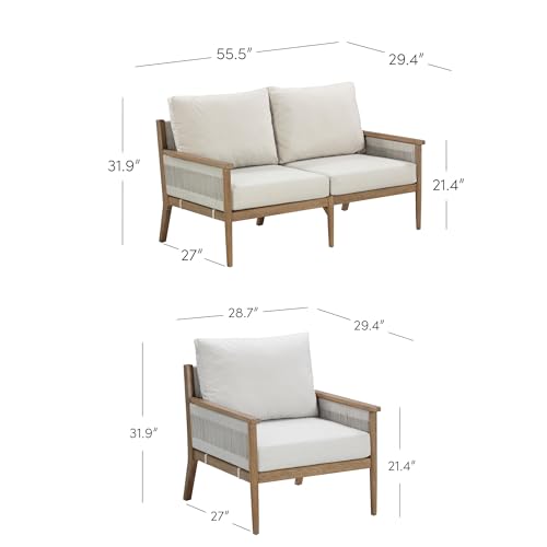 Nathan James Kayden Bohemian 3-Piece Patio Conversation Set, Outdoor Loveseat Set with Removable Cushion Covers, Solid Acacia Wood Patio Loveseat and Chairs, Light Brown