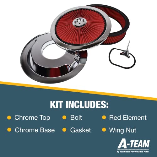 A-Team Performance - High Flow Replacement Air Cleaner Assembly w/Flow-Thru Lid Washable and Reusable Round Air Filter Element Kit with Star Wing Nut - Compatible with Chevrolet GMC Ford 14"x3" Red