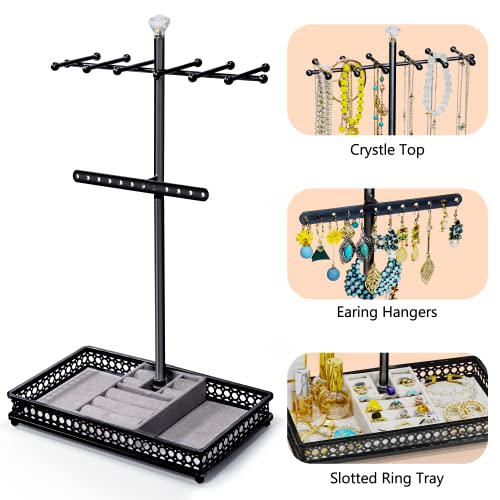 Meangood Jewelry Tree Stand Organizer 3in1 Necklace Organizer Display Bracelet Earrings and Ring Tray Jewelry Holder Hanger Metal(Black)