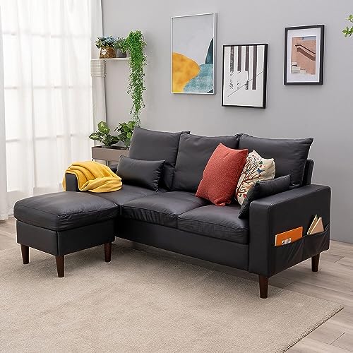 Panana Reversible Sectional Sofa Couch for Small Apartment L Shape Sofa Couch 3-seat Sectional Corner Couch, Black Leathaire