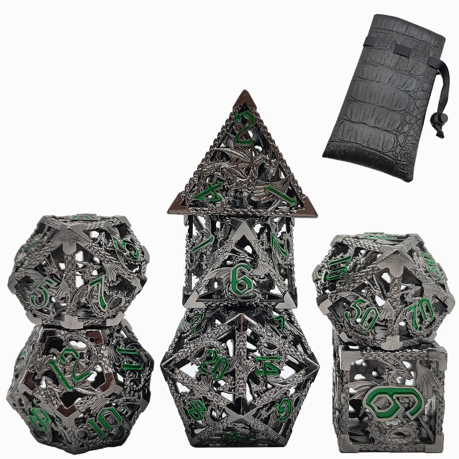 DND Dice Set Dungeons and Dragons Metal D&D Dice Polyhedral Dice Set RPG MTG Pathfinder Shadowrun Roleplaying Dice Games Gifts Accessories D N D Hollow Dice D20 D12 D10 D8 D6 D4, Black Nickel Green