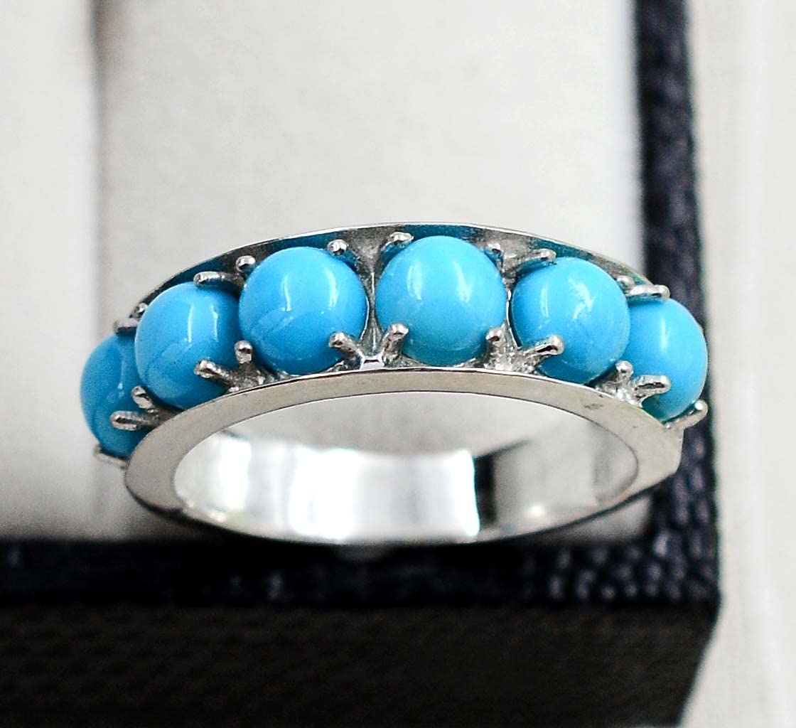 5 MM Round Cabochon Natural Sleeping Beauty Turquoise Gemstone 925 Sterling Silver December Birthstone Cluster Unisex Proposal Ring For Girlfriend Gift (Rhodium Plated Silver, 9.5)