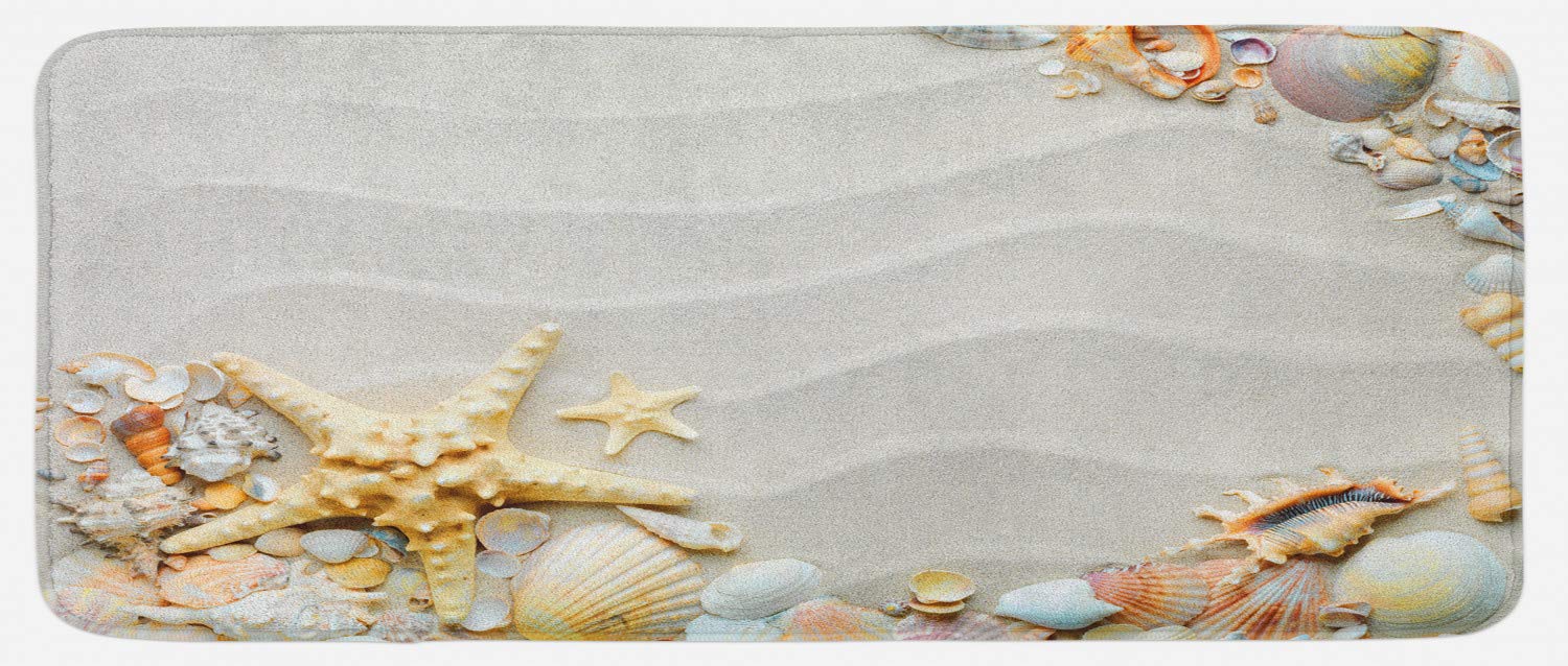 Ambesonne Starfish Kitchen Mat, Seacoast with Sand with Colorful Various Seashells Tropics Aquatic Wildlife Theme, Plush Decorative Kitchen Mat with Non Slip Backing, 47" X 19", White Coral