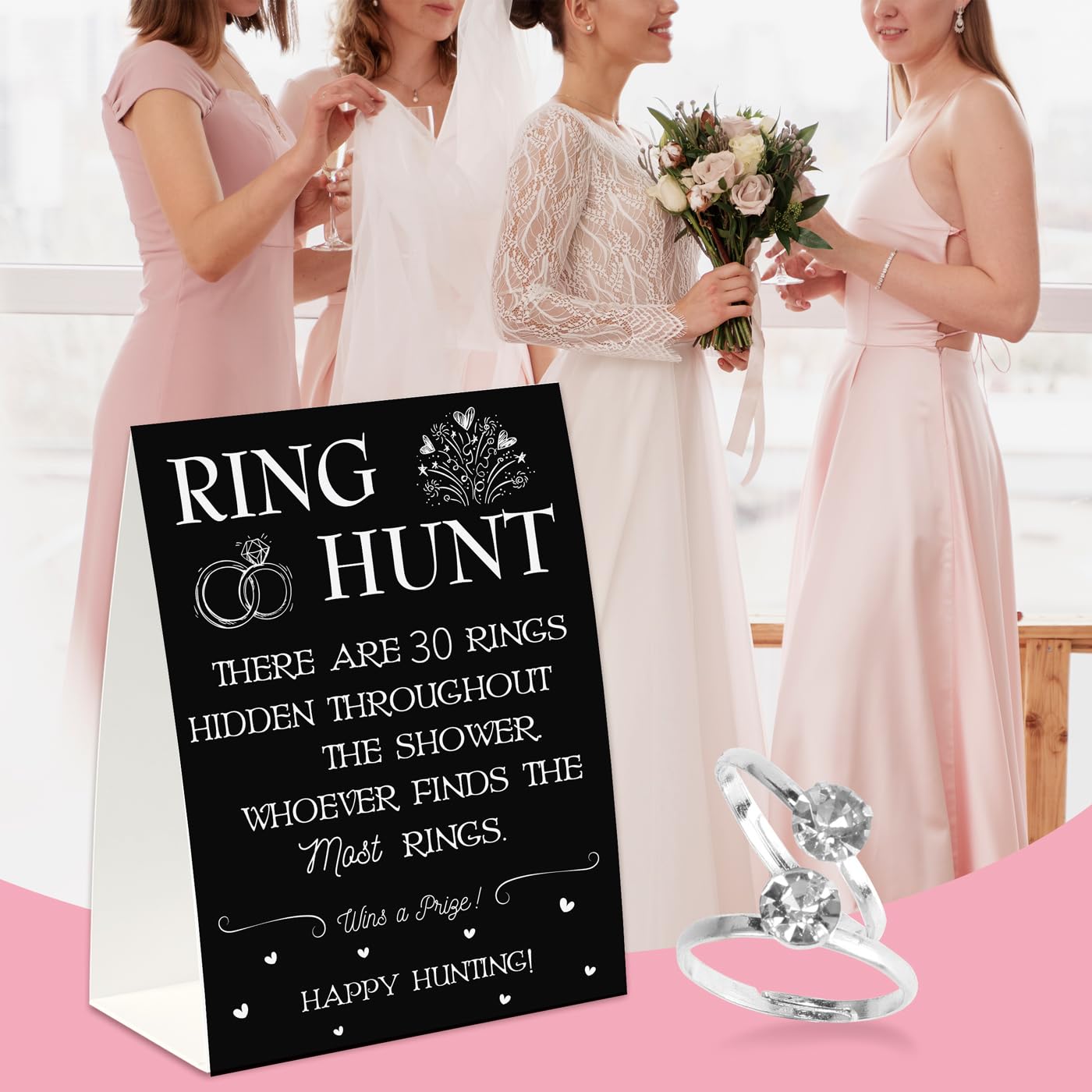Ring Hunt Game(30 Rings with One Sign), Fun Bridal Shower Game, Wedding Game/Engagement Party Game, Bridal Shower Decorations Black and White-RH03