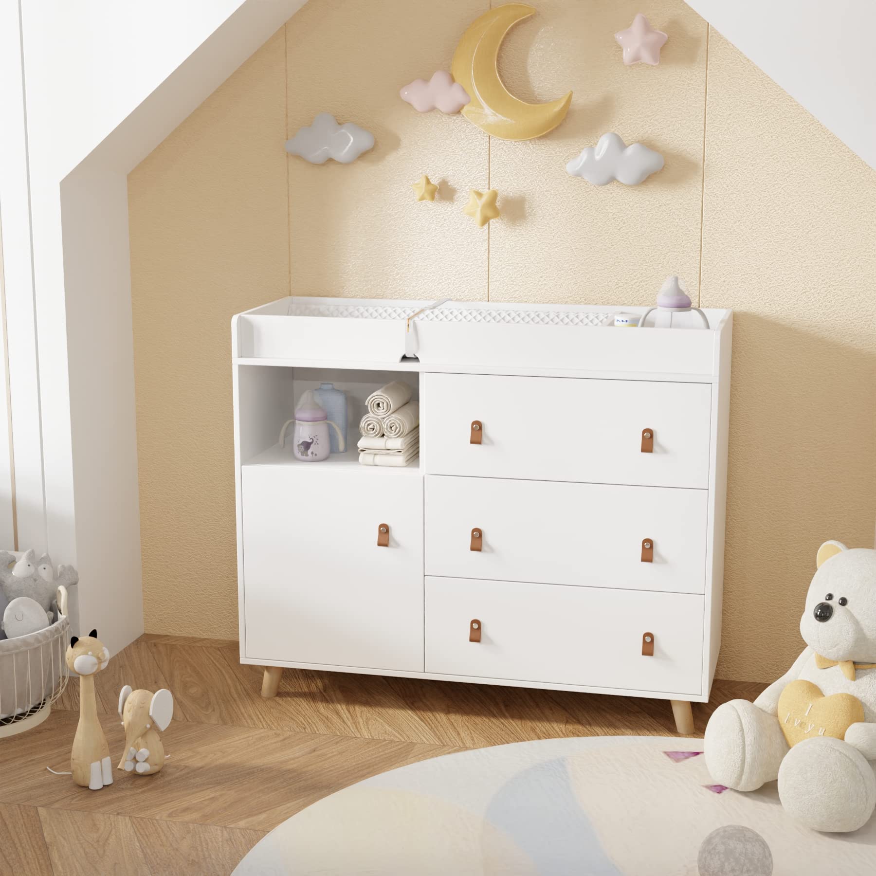 Baby Changing Table Dresser, Modern Nursery Dresser Chest Storage Changing Dresser with 3 Drawers & 1 Shelf, Diaper Changing Pad (White)