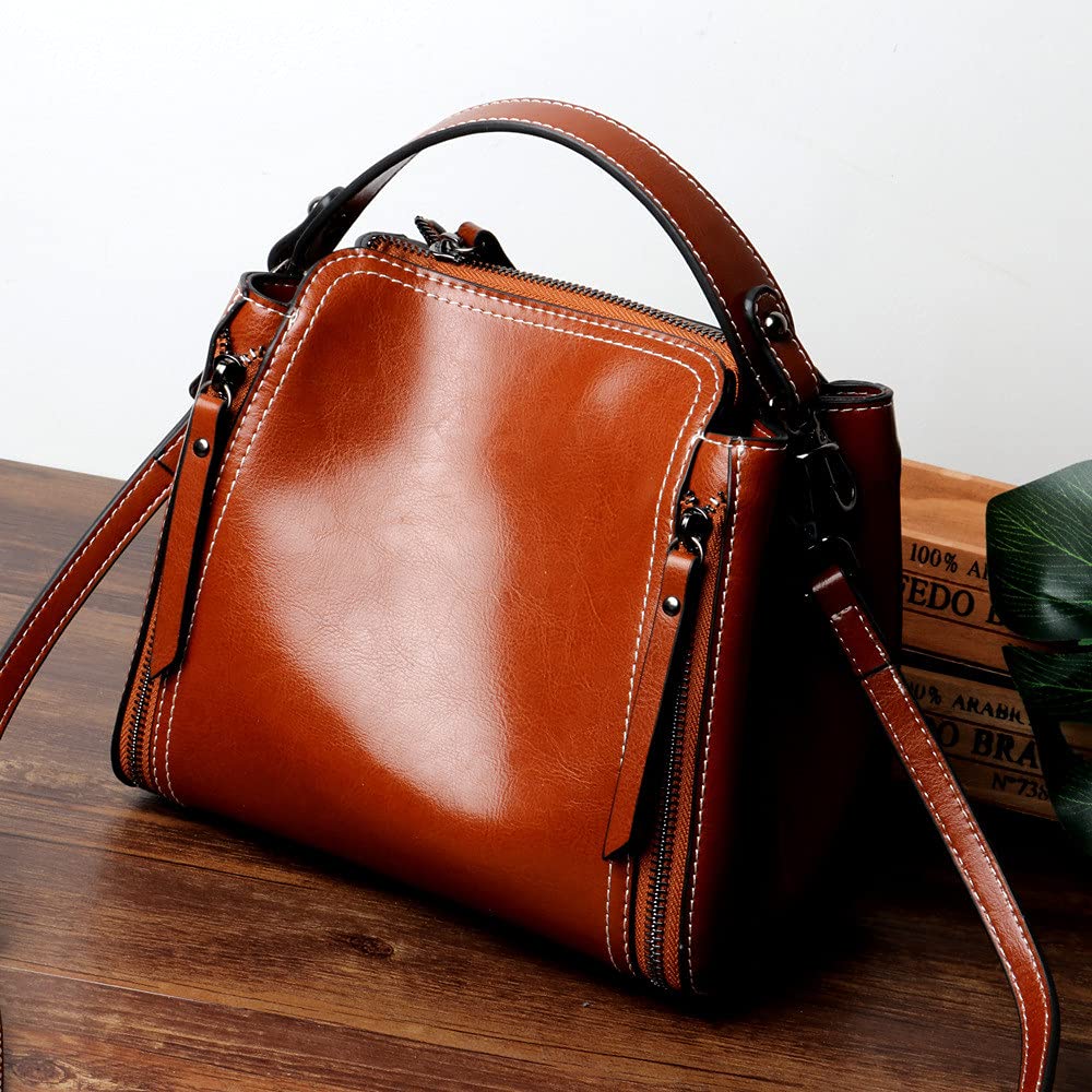 JIUFENG Top Handle Satchel Handbag Crossbody Bucket Bag for Women, Leather Purses for Women, Women's Tote Bag (Brown)