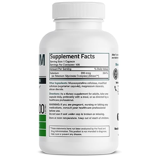 Bronson Selenium 200 mcg for Immune System, Thyroid, Prostate and Heart Health โ Yeast Free Chelated Amino Acid Complex - Essential Trace Mineral with Superior Absorption, 100 Vegetarian Capsules