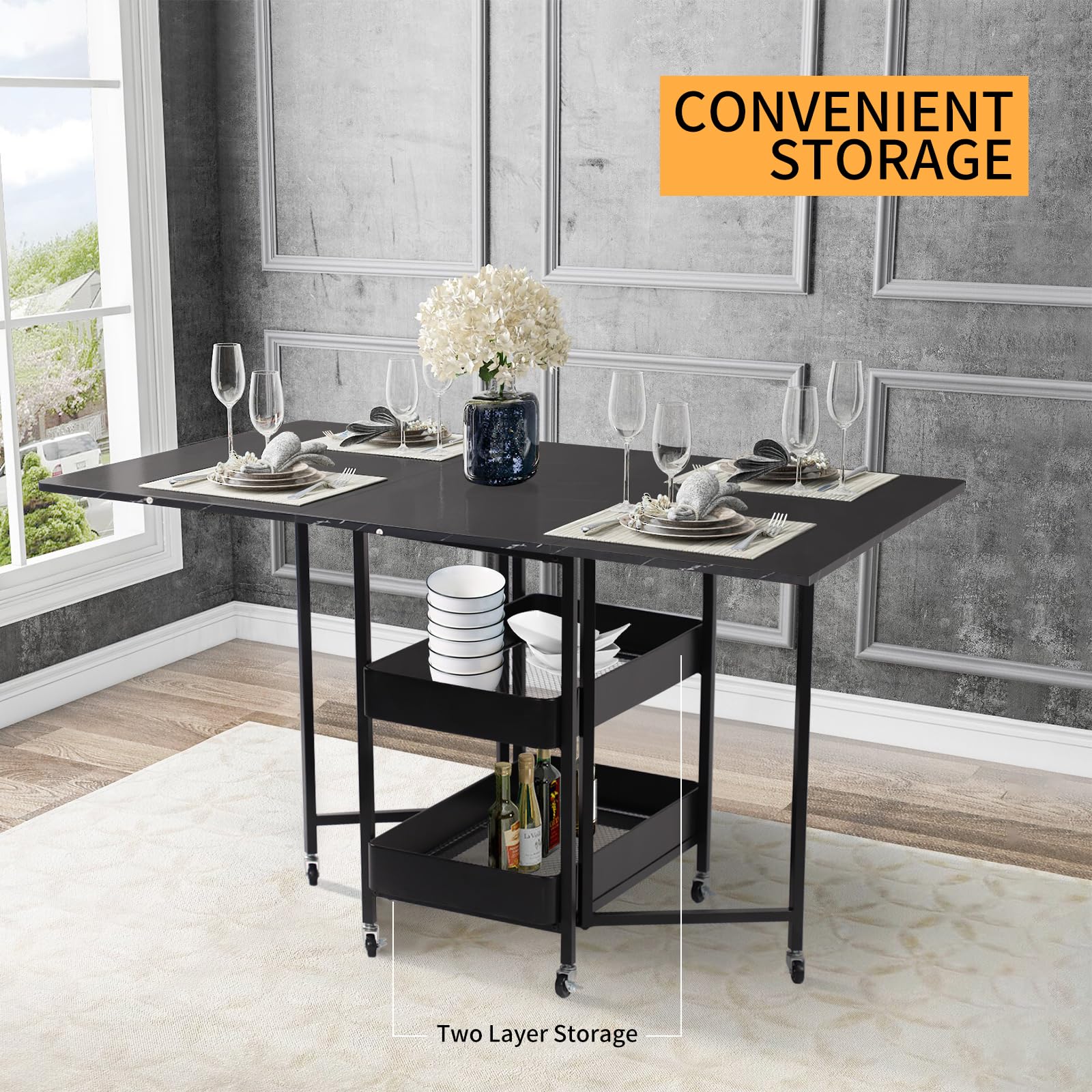 ADOFFUR Folding Dining Table, Foldable Kitchen Table with Storage, Space Saving Extendable Folding Dinner Table with 6 Wheels for Kitchen, Small Spaces, Living Room - Black