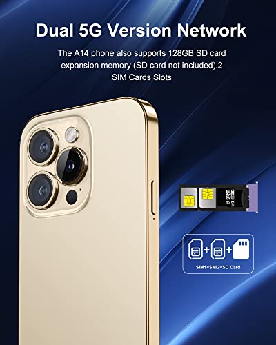 WV LeisureMaster A14 Pro Max 5G Unlocked Smartphone - 6GB+128GB Fully Unlocked Cell Phone for Android 11, 7.3", 7300mAh, 50MP+108MP Dual Camera(Gold)