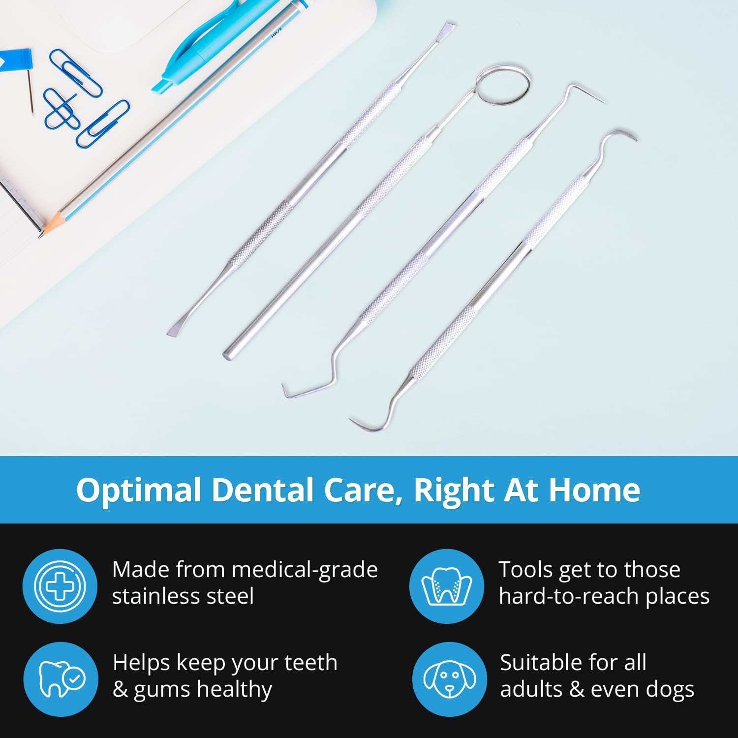 Dental Cleaning Tools Set For At Home Use - Oral Care Dental Hygiene Kit Includes Teeth Scraper For Plaque, Mirror, Scaler, Pick - These Teeth Cleaning Tools Are Made From Stainless Steel