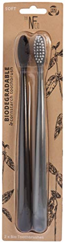 The Natural Family Co. Bio Toothbrush, Soft Nylon Bristles with Non GMO Cornstarch Handles, Plastic Free Packaging and Pirate Black and Monsoon Mist Twin Pack