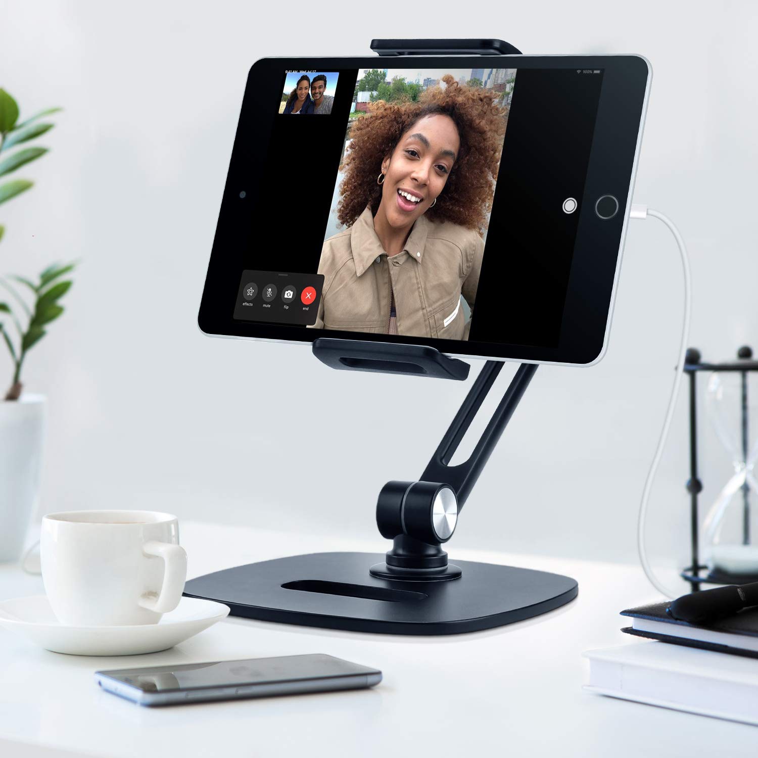B-Land Adjustable Tablet Stand, Desktop Tablet Holder Stand Foldable Phone Stand with 360° Swivel Phone Clamp Mount Holder, Compatible with 4-13" Tablets/Phones,Nintendo Switch, Kindle (Solid Black)
