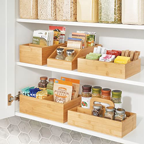 mDesign Bamboo Wood Food Storage Bin with Divided 3 Compartments and Sloped Front for Kitchen Cabinet, Pantry, Shelf to Organize Seasoning Packets, Powder Mixes, Spices, Snacks - Natural
