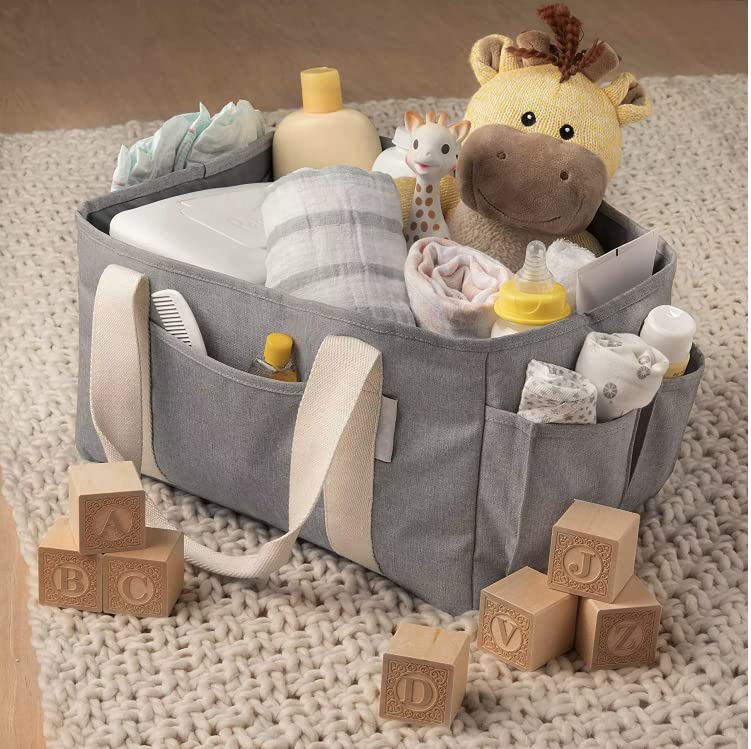 Baby Diaper Caddy Organizer - Large, Basket Storage Nursery Foldable for Infant Girl or Boy - Gift Must Haves - Durable Tote Bag for Indoor, Outdoor Use - Grey