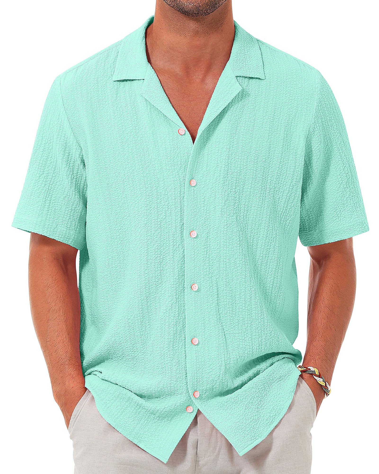 Alimens & Gentle Men's Seersucker Hawaiian Shirts Casual Short Sleeve Button Down Shirt for Men Summer Beach Shirt(Mint Green, Large)
