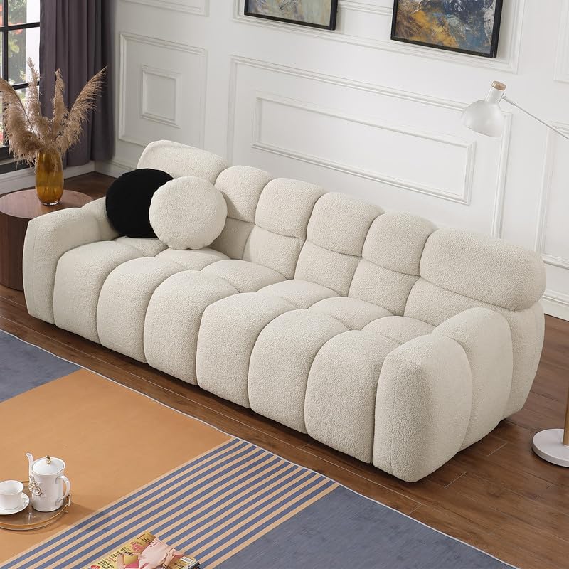 AZSJML 2 Piece Boucle Cloud Sofa Set, Modern Upholstered Sherpa Deep Seat Couch Loveseat, Comfy 3 Seater and 2 Seater Tufted Teddy Couch with Pillows for Living Room, Bedroom Apartment Office, Black
