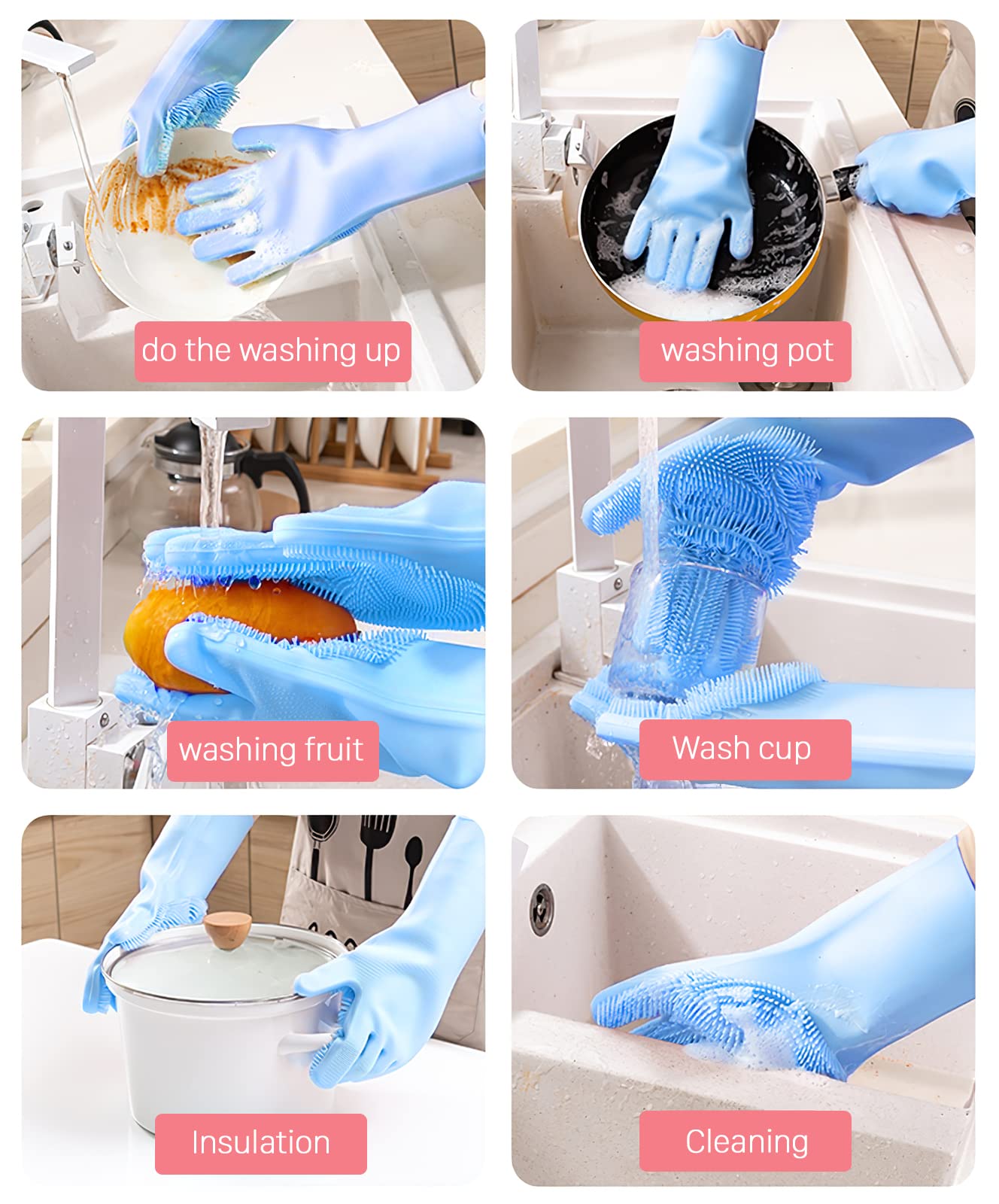 ABYANK Silicone Dishwashing Gloves,Reusable Rubber Dishwashing Gloves for Household, Bathroom,Pet Bathing, Cars, Fruit and More (Blue)