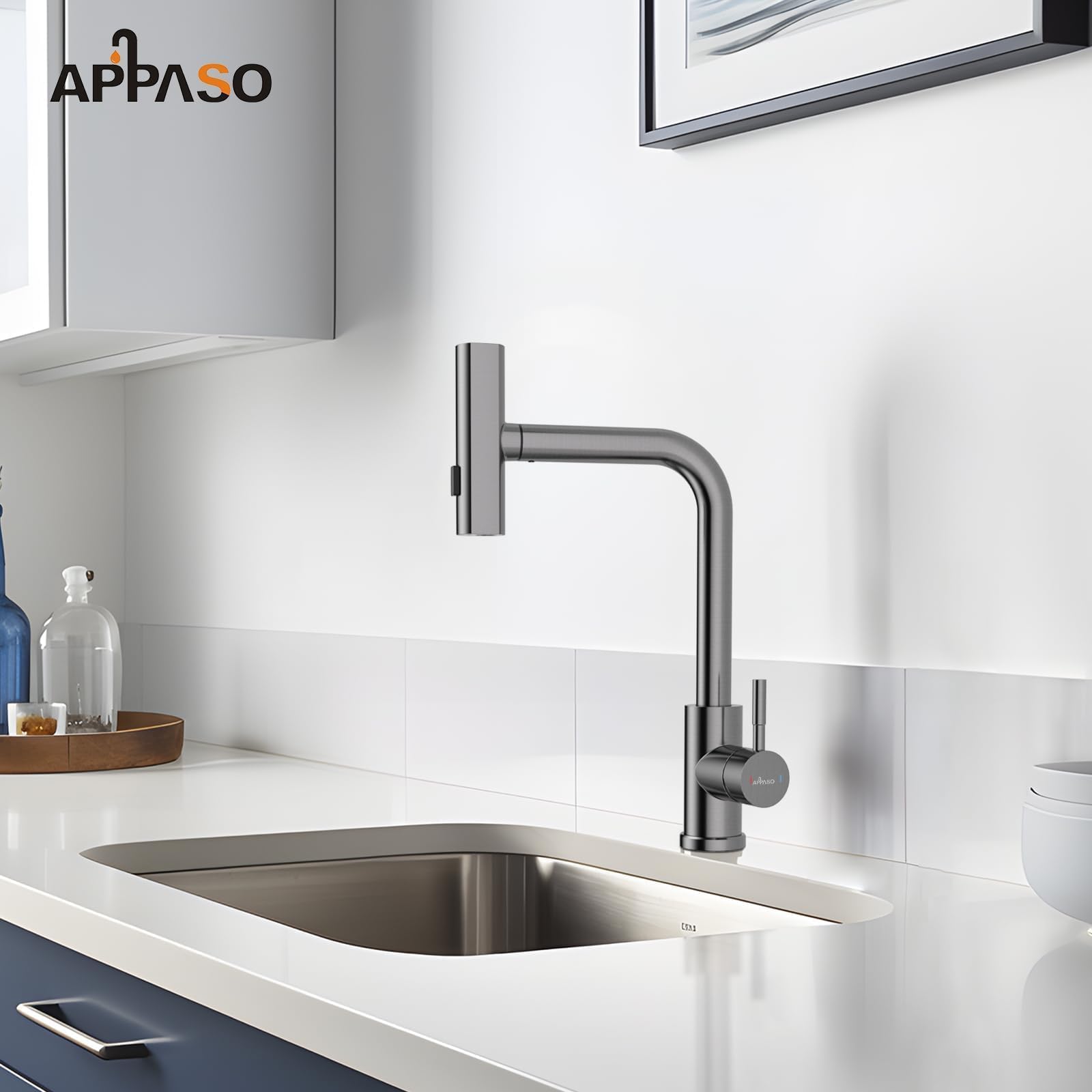 APPASO Waterfall Kitchen Faucet with Pull Down Sprayer, Black Stainless Kitchen Faucet with Sprayer 3 Modes, Gunmetal Gray Stainless Steel 360° Swivel Kitchen Sink Faucet, Single Handle Kitchen Faucet