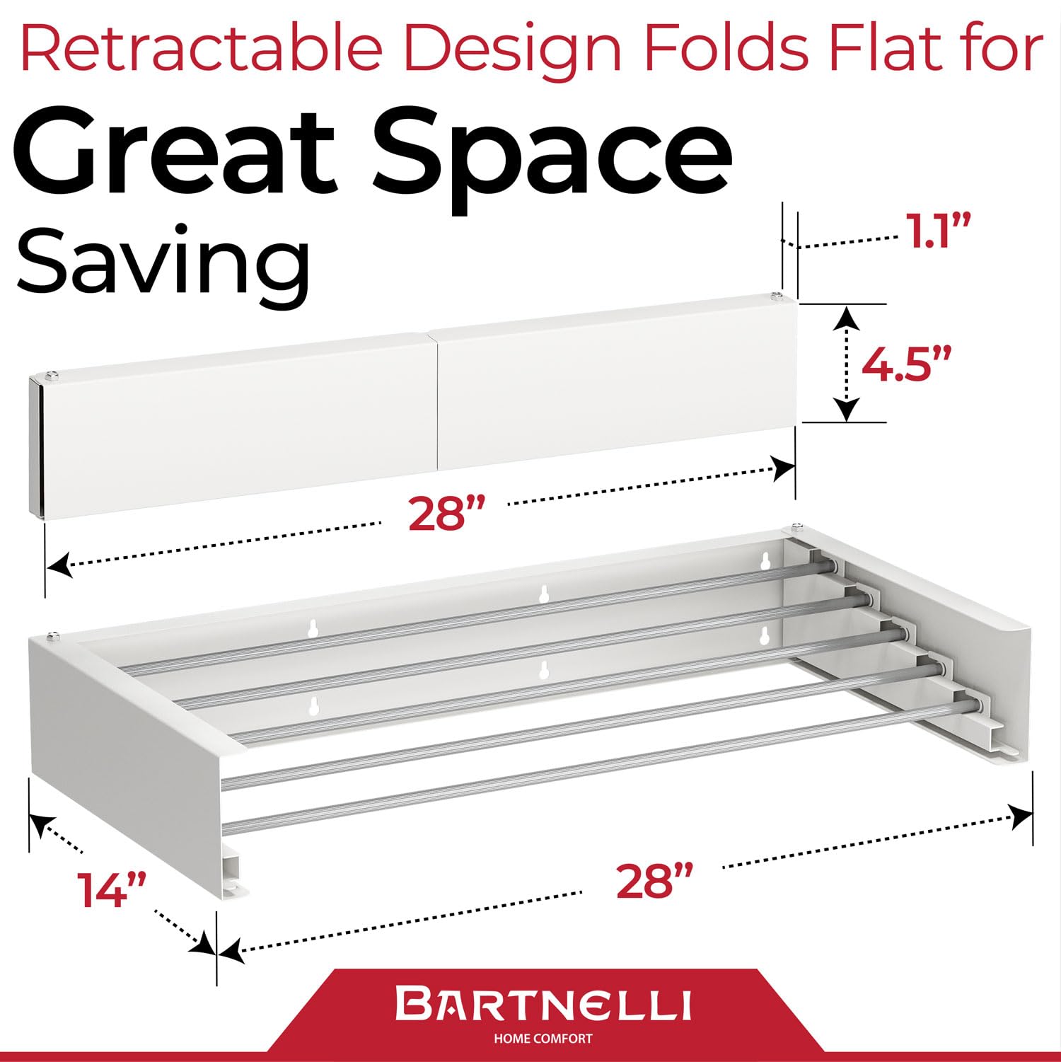 Bartnelli Wall Mounted Clothes Drying Rack for Laundry | Collapsible Clothing Racks for Indoor and Outdoor Use | Patented Foldable Design for Space-Saving Efficiency (28β White)