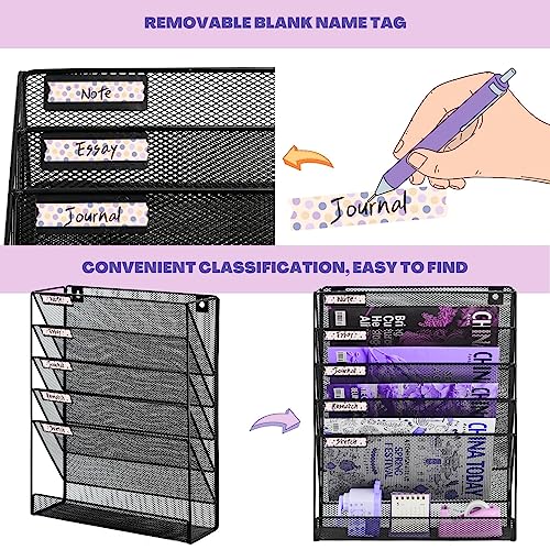 HMXLJJY 6 Tier Mesh Wall File Organizer,Vertical File Organizer,Hanging Folder Organizer Wall Mount with Flat Tray,Mail Organizer for Papers,Folders,Files Clipboard & Magazine Organization for Office,Home(Black)