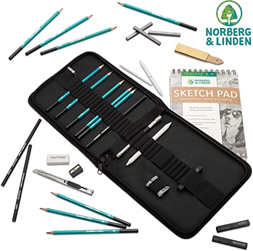 Norberg & Linden XL Drawing Set - Sketching, Graphite and Charcoal Pencils. Includes 100 Page Drawing Pad, Kneaded Eraser, Blending Stump. Art Kit and Supplies for Kids, Teens and Adults.