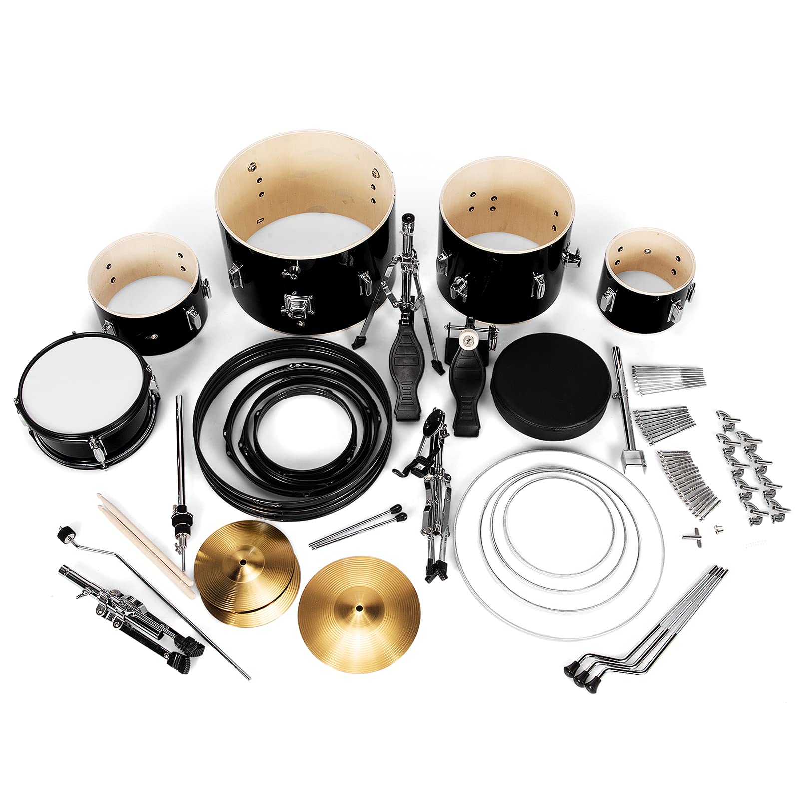 Costzon 16β Kids Drum Set, 5-Piece Full Size Complete Junior Drum Set with Adjustable Throne, Cymbal, Hi-Hat, Pedal & Drumsticks, Beginner Drum Kit with Bass Snare Tom Drum, Age 3-12, Black